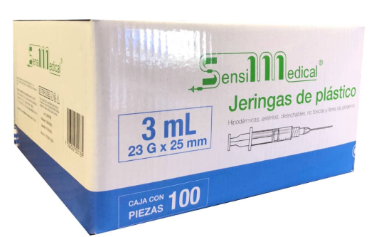 JERINGA 3 mL. (SensiMedical) c/AGUJA 23Gx25mm. c/1 Pza. Jeringa 3mL con aguja 23x25 (Long. corta ...